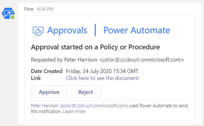 Request approval in Microsoft Teams for a selected item in SharePoint